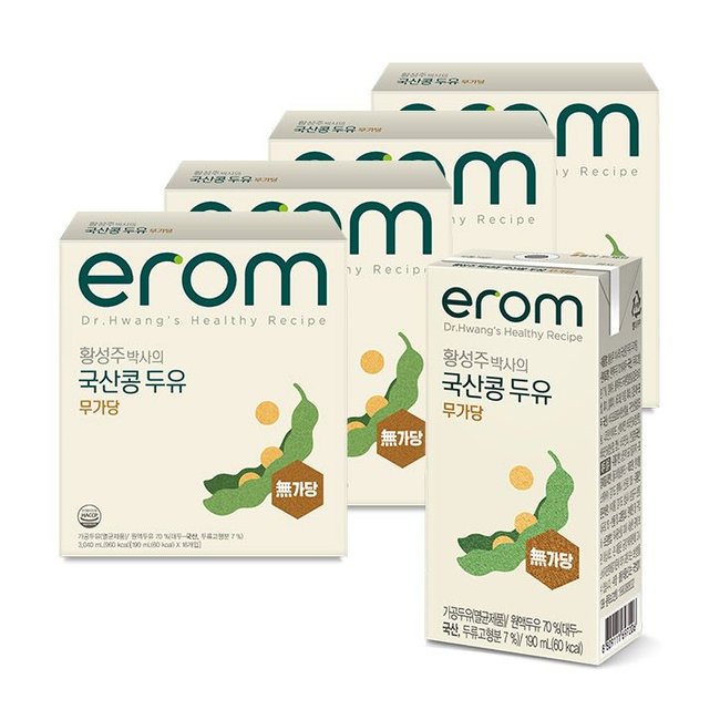 [이롬] 황성주 국산콩 두유 무가당 64팩 (190ml x 16팩 x 4박스)
