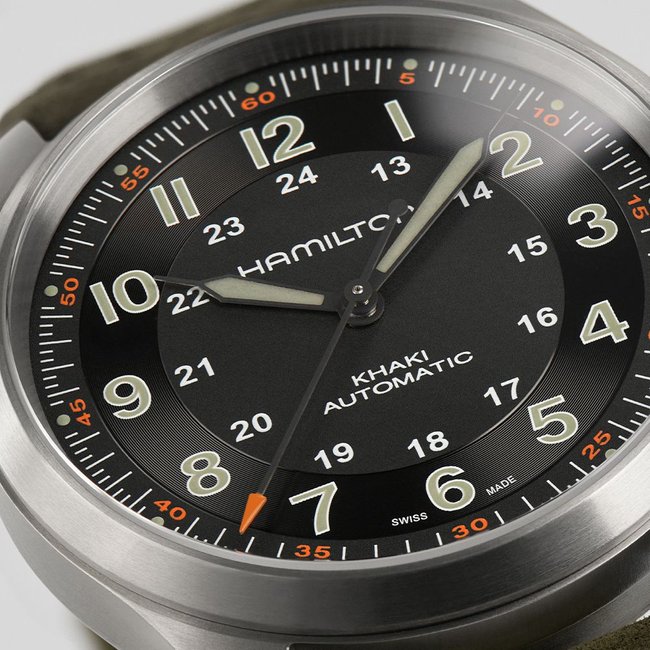 [공식] 해밀턴 H70205830 카키 필드 티타늄 오토 카키 레더 남성 시계